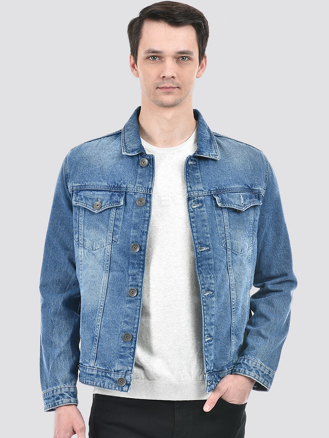 Buy Integriti Spread Collar Washed Crop Pure Cotton Denim Jacket ...