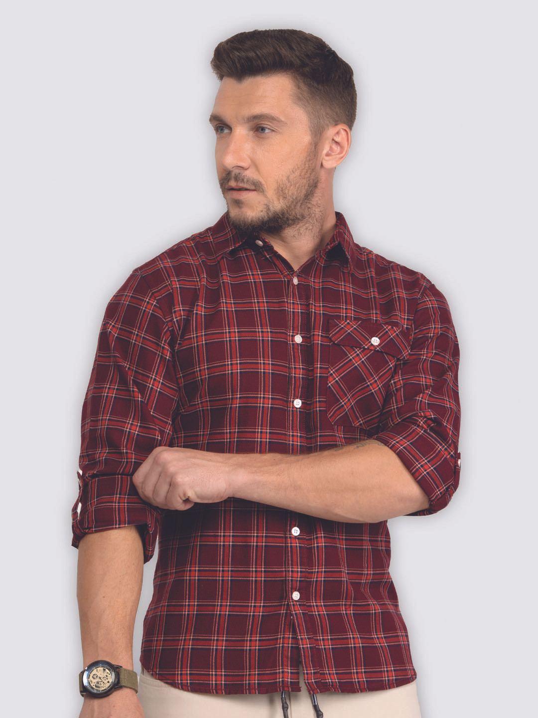 Buy USMC Relaxed Fit Checked Roll Up Sleeves Cotton Casual Shirt ...