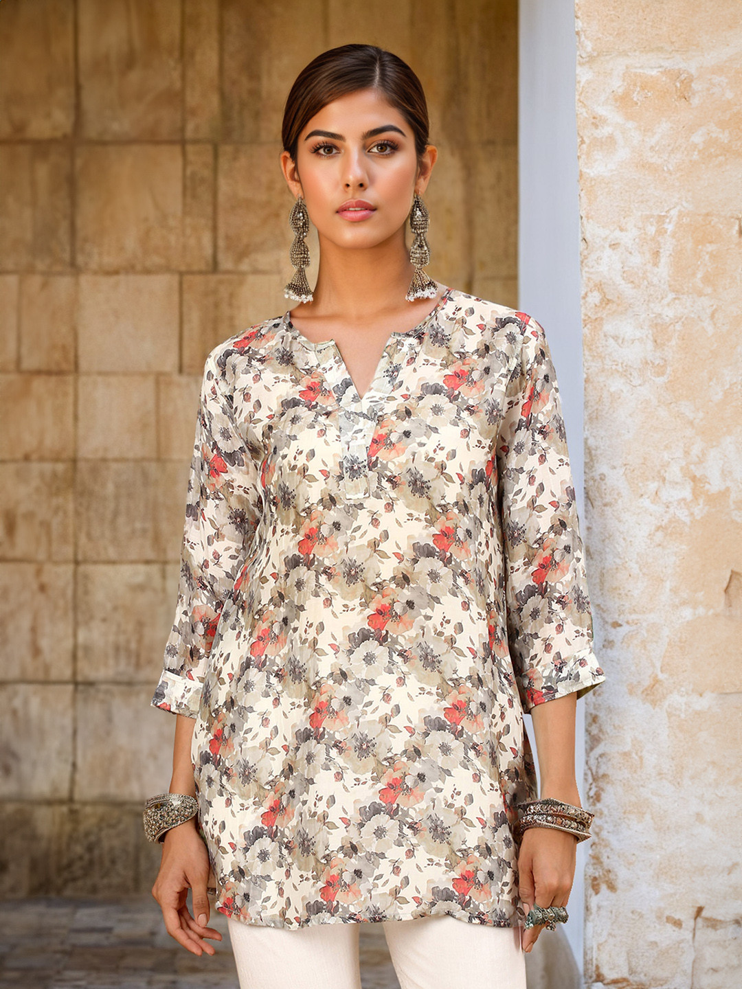 Buy Soch Cream Coloured Floral Printed Tunic - Tunics for Women ...