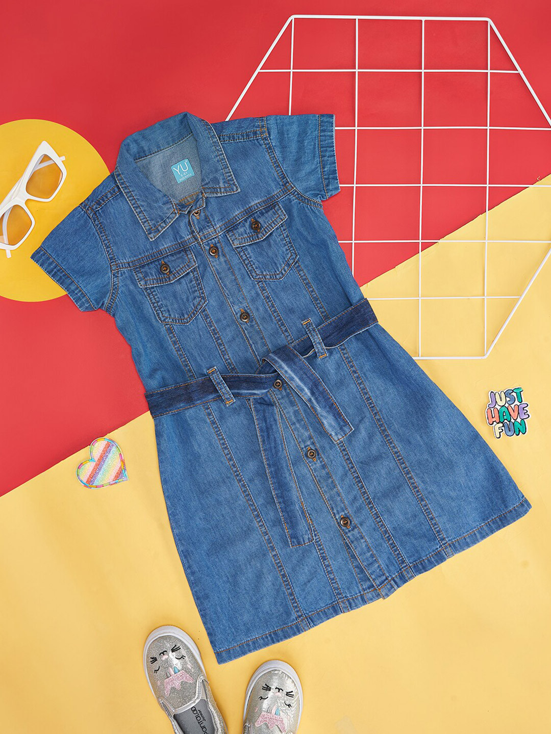 Buy YU By Pantaloons Girls Pure Cotton Shirt Style Denim Dress ...