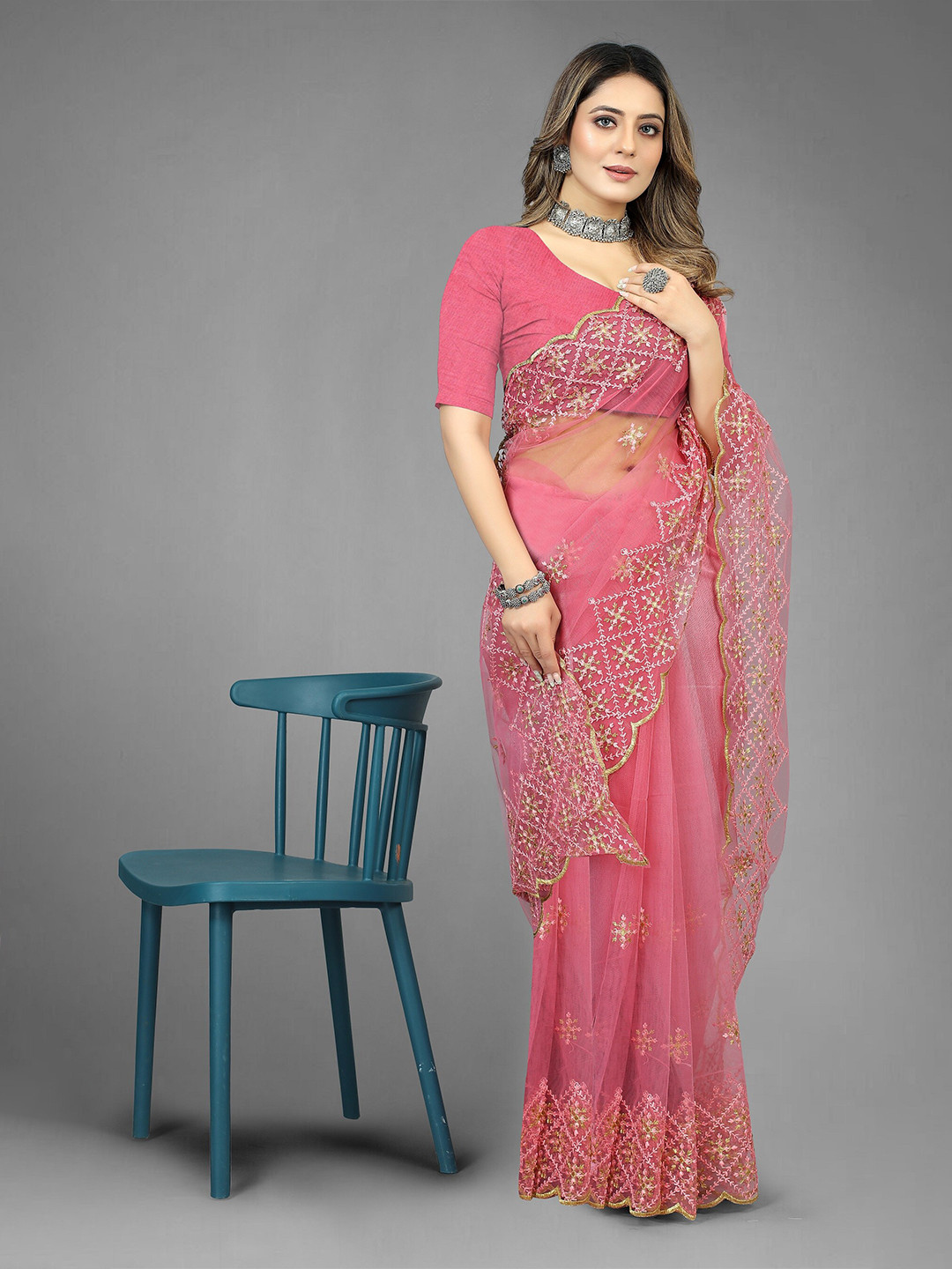 Buy BARKIYA CREATION Ethnic Motifs Embroidered Cut Work Net Saree ...