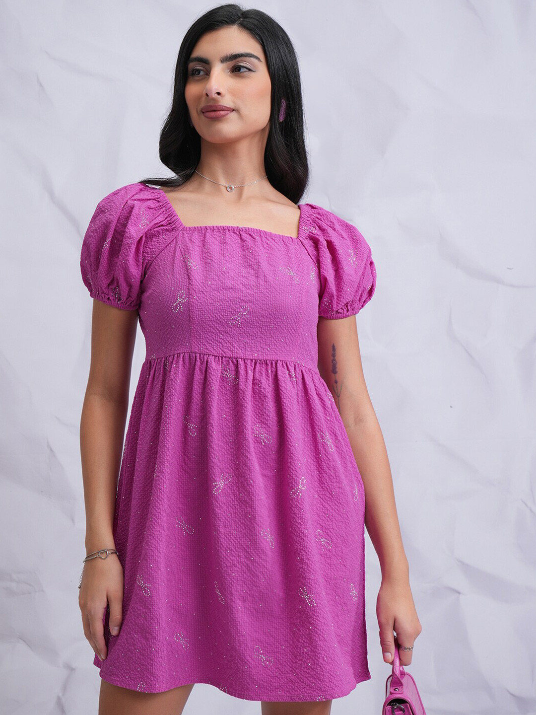 Buy Tokyo Talkies Purple Printed Puff Sleeves Mini Fit & Flare Dress ...