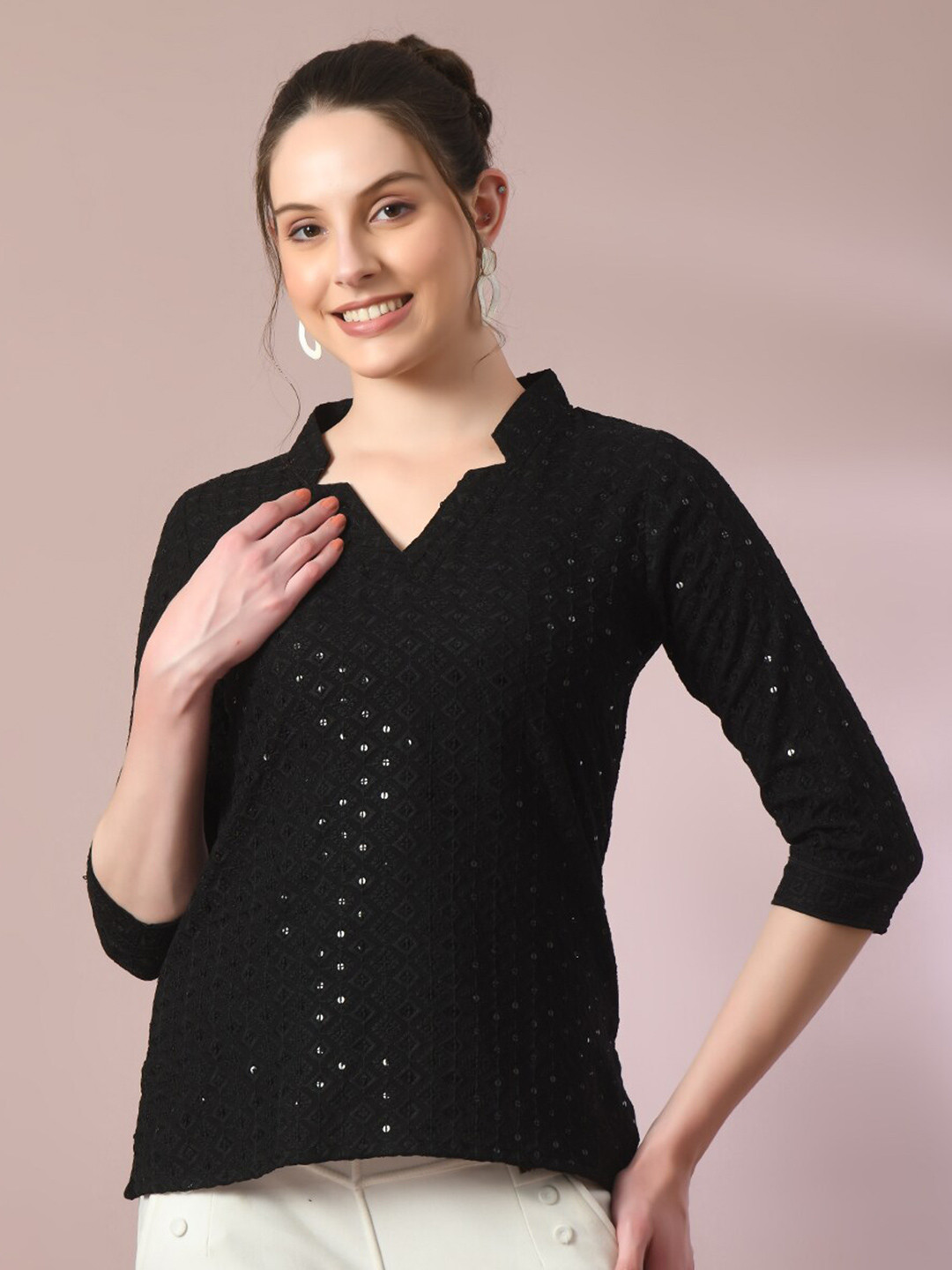 Buy Sangria Sequin Embellished Embroidered Cotton V Neck Tunic - Tunics ...