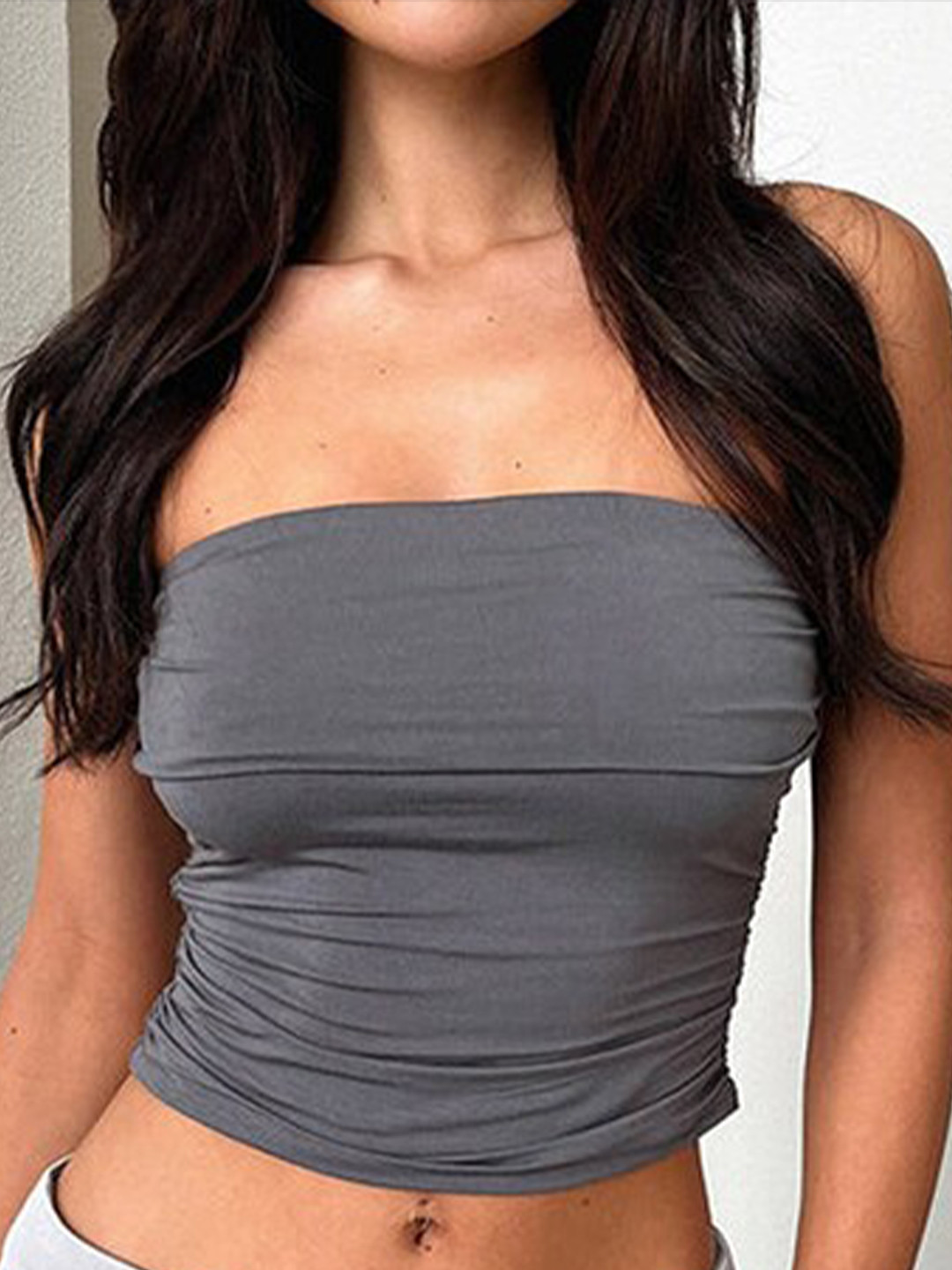 Buy StyleCast X Revolte Grey Strapless Gathered Detail Tube Crop Top ...