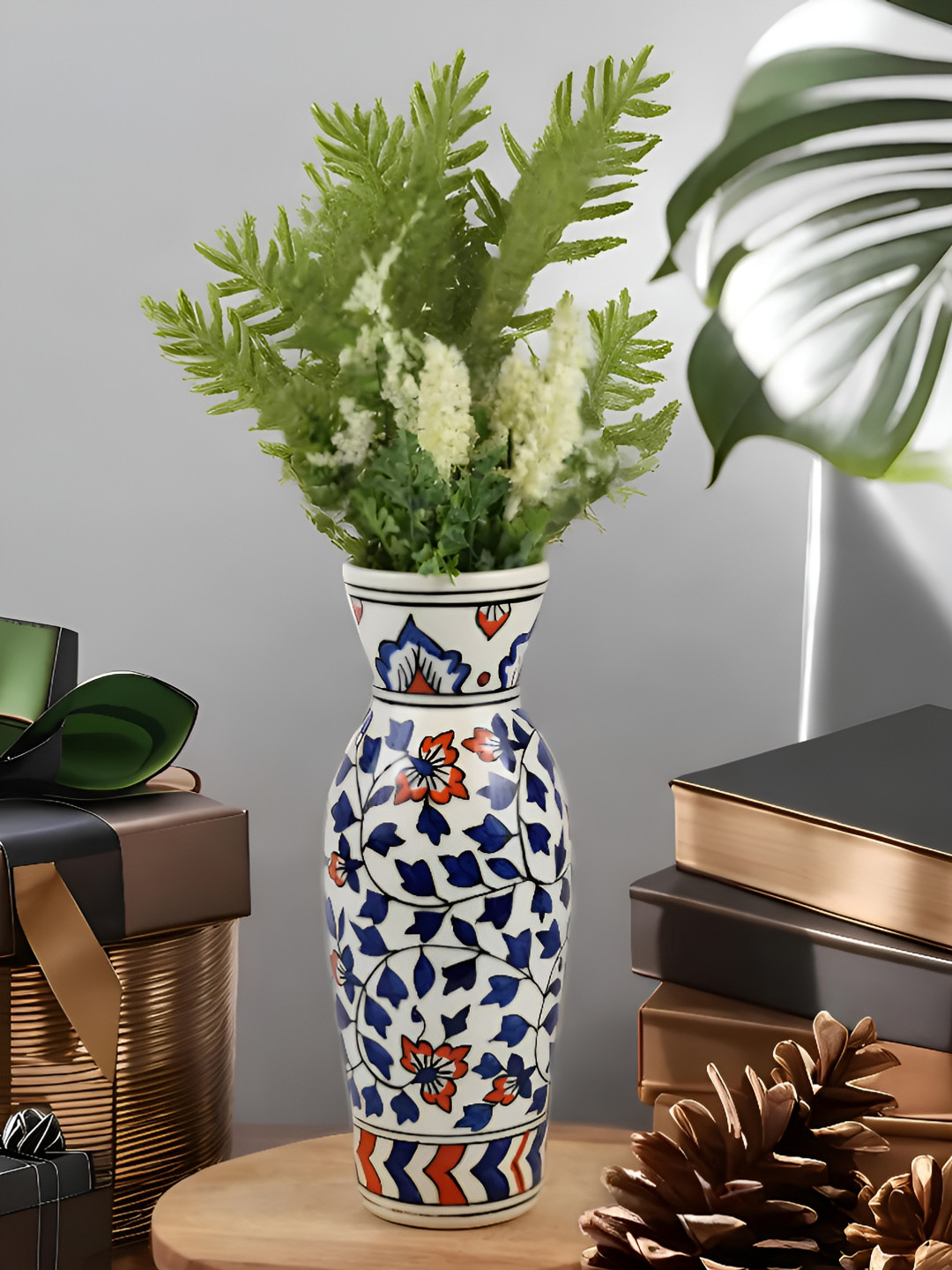 Buy Kaolinite Premium White & Blue Floral Printed Ceramic Flower Vase ...