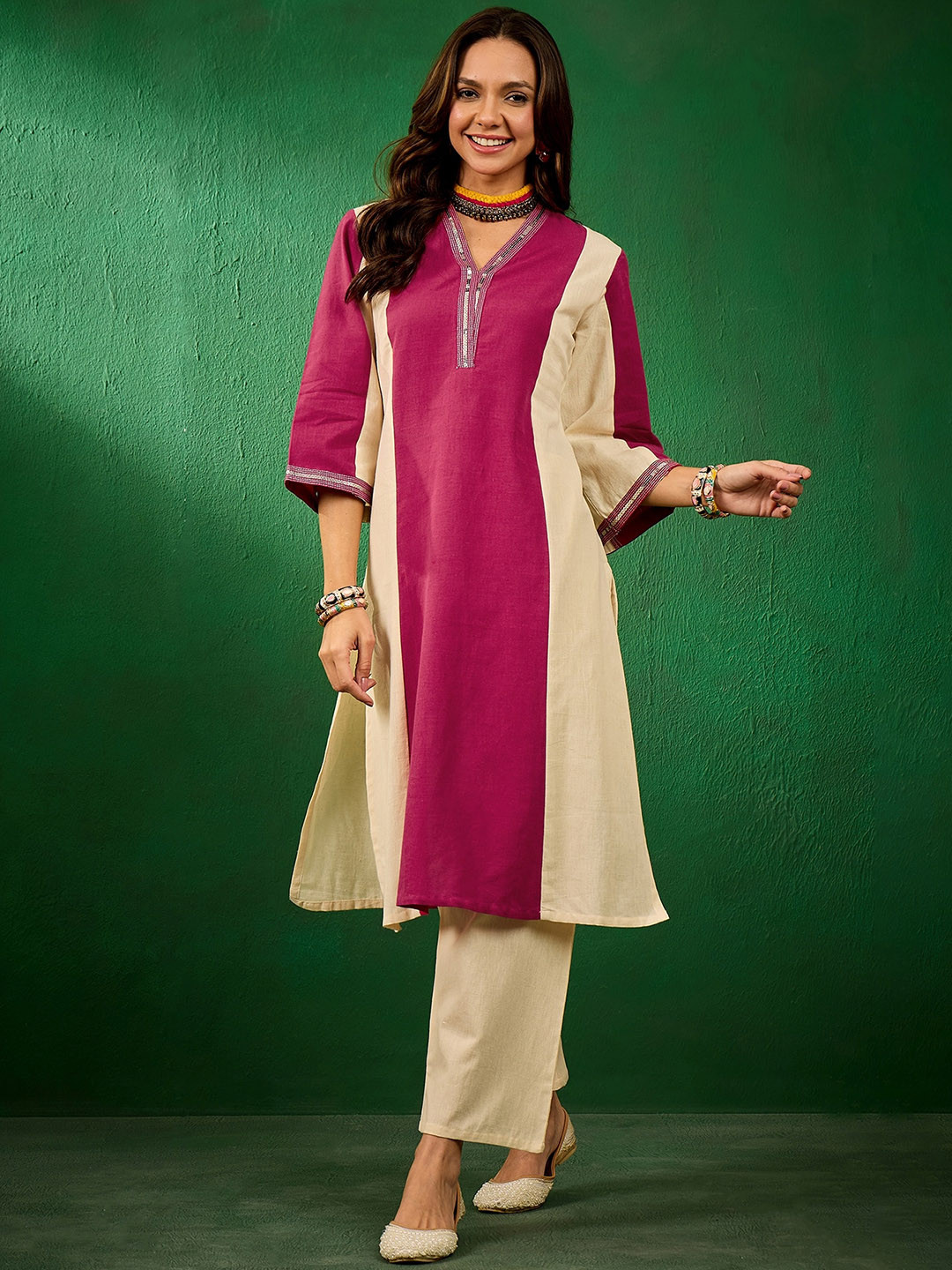 Buy Vastramyaa Colourblocked Panelled Gotta Patti Pure Cotton A Line ...