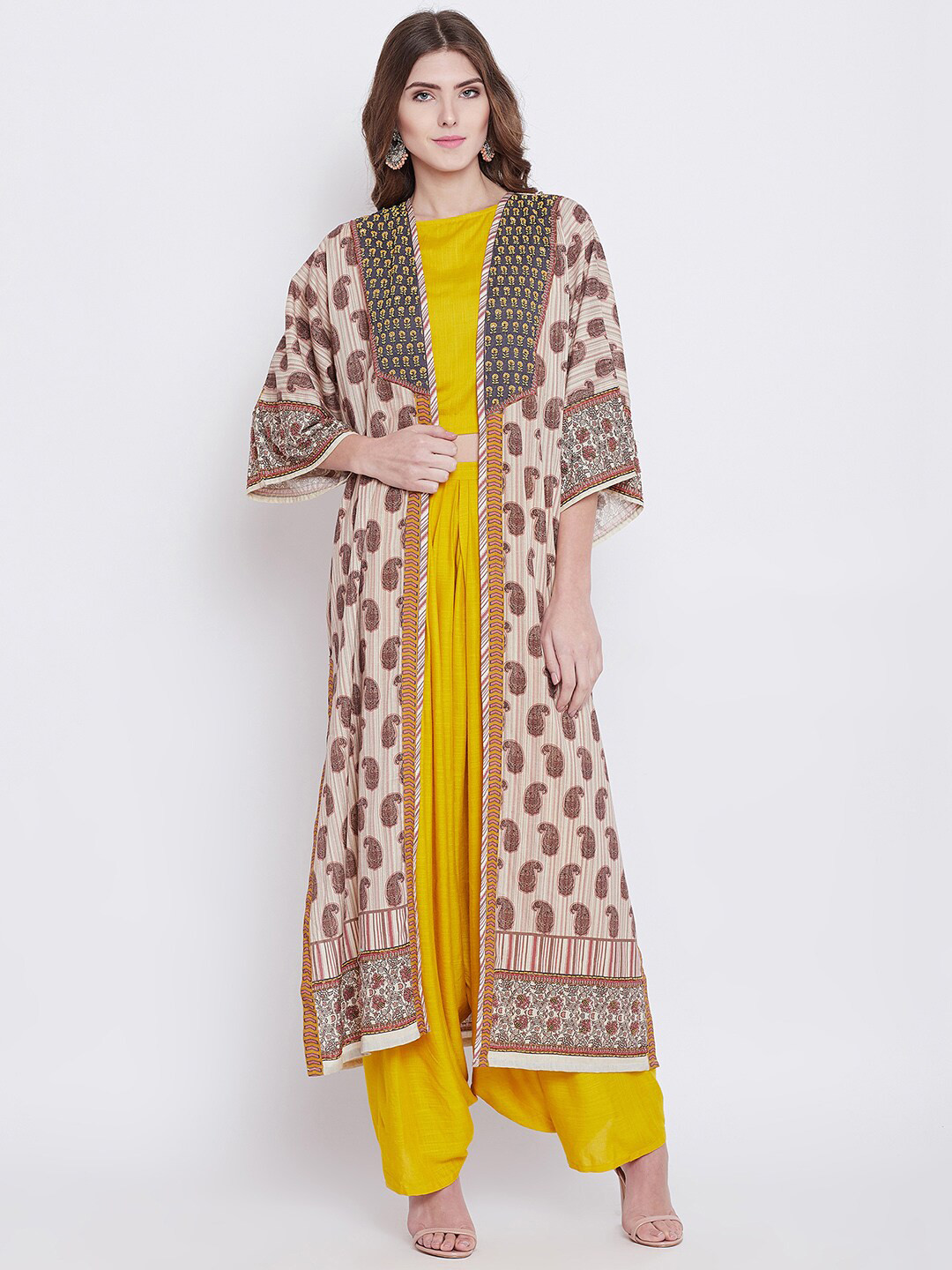 Buy The Kaftan Company Ethnic Motifs Printed Linen Longline Open Front ...