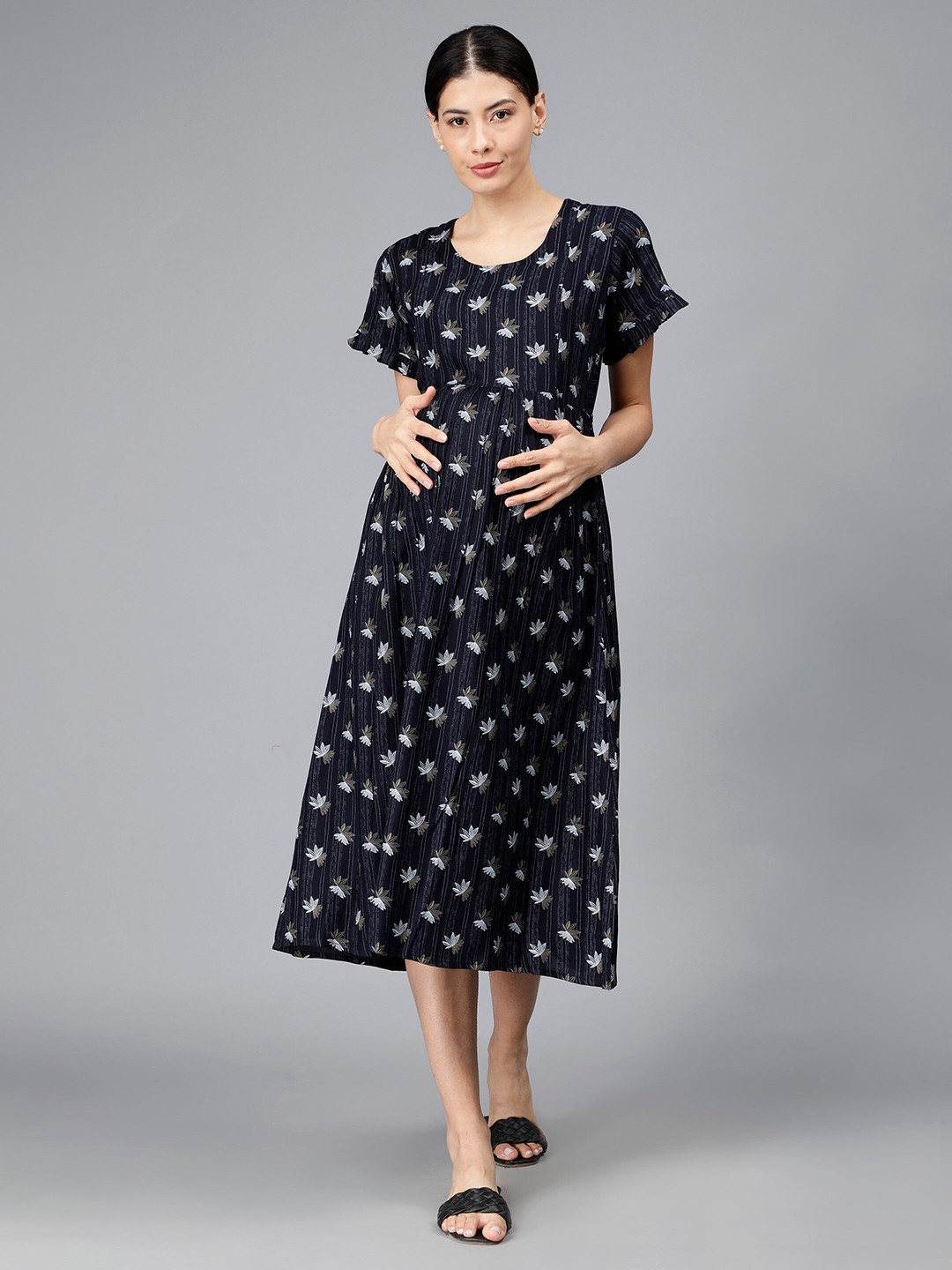 Buy Nightspree Floral Printed Round Neck Cotton Maternity A Line Midi