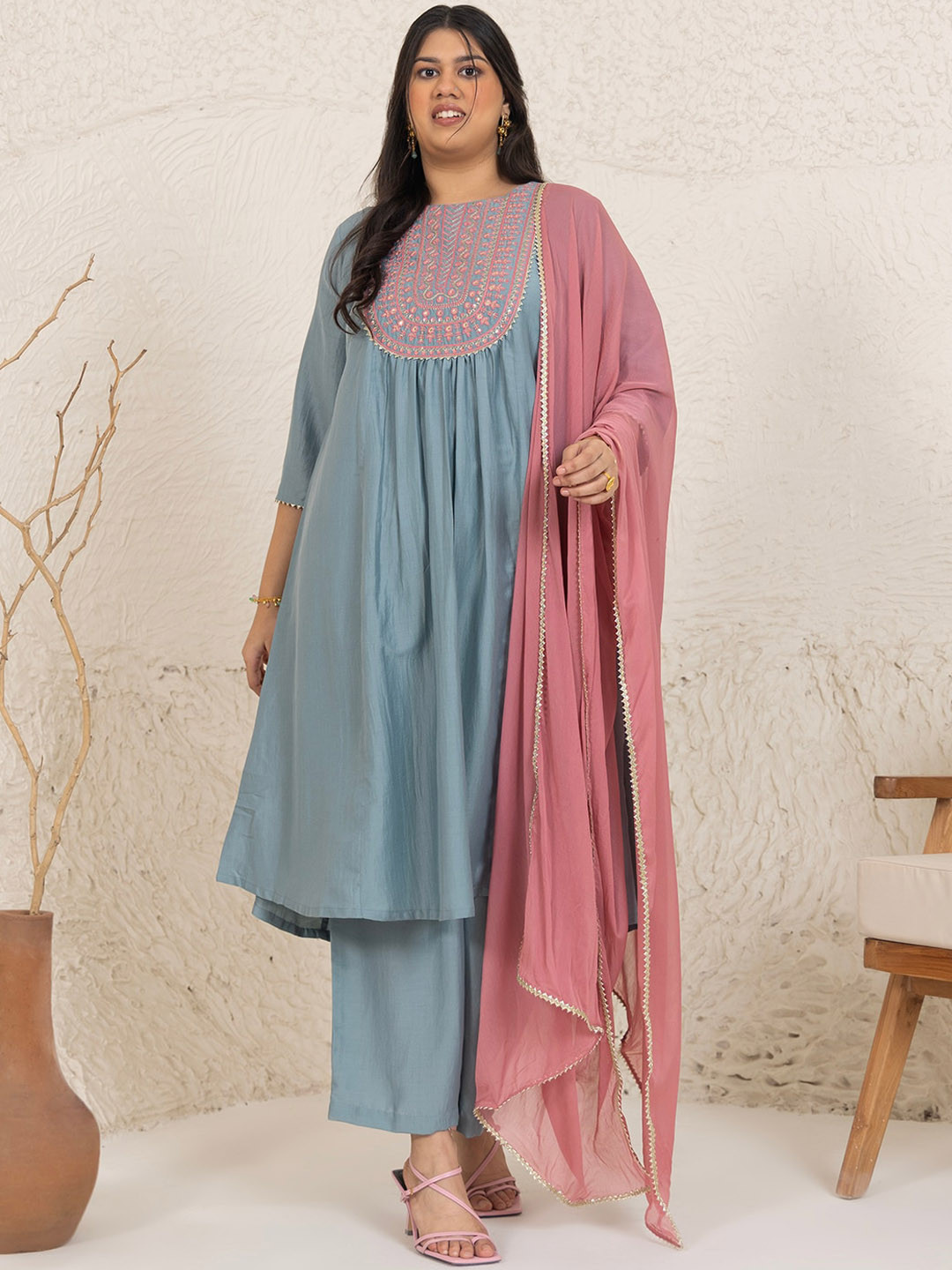 Buy Janasya Plus Size Floral Yoke Design Gotta Patti Kurta With Palazzos & Dupatta - Kurta Sets ...
