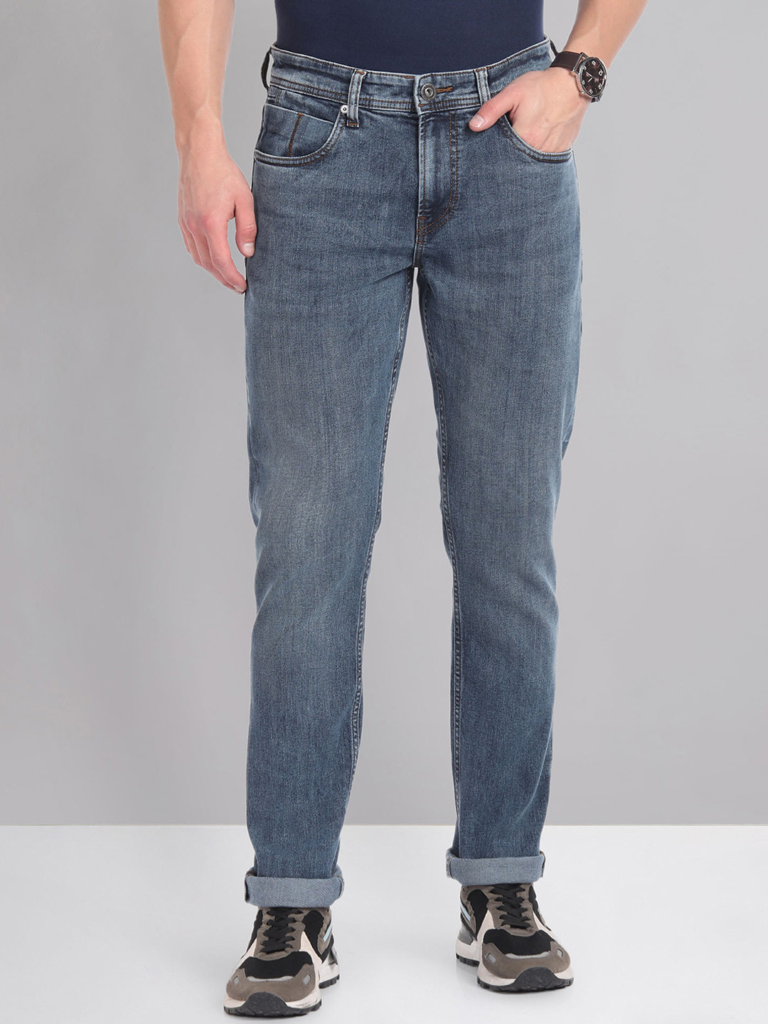 Buy AD By Arvind Men Slim Fit Clean Look Light Fade Stretchable Jeans ...