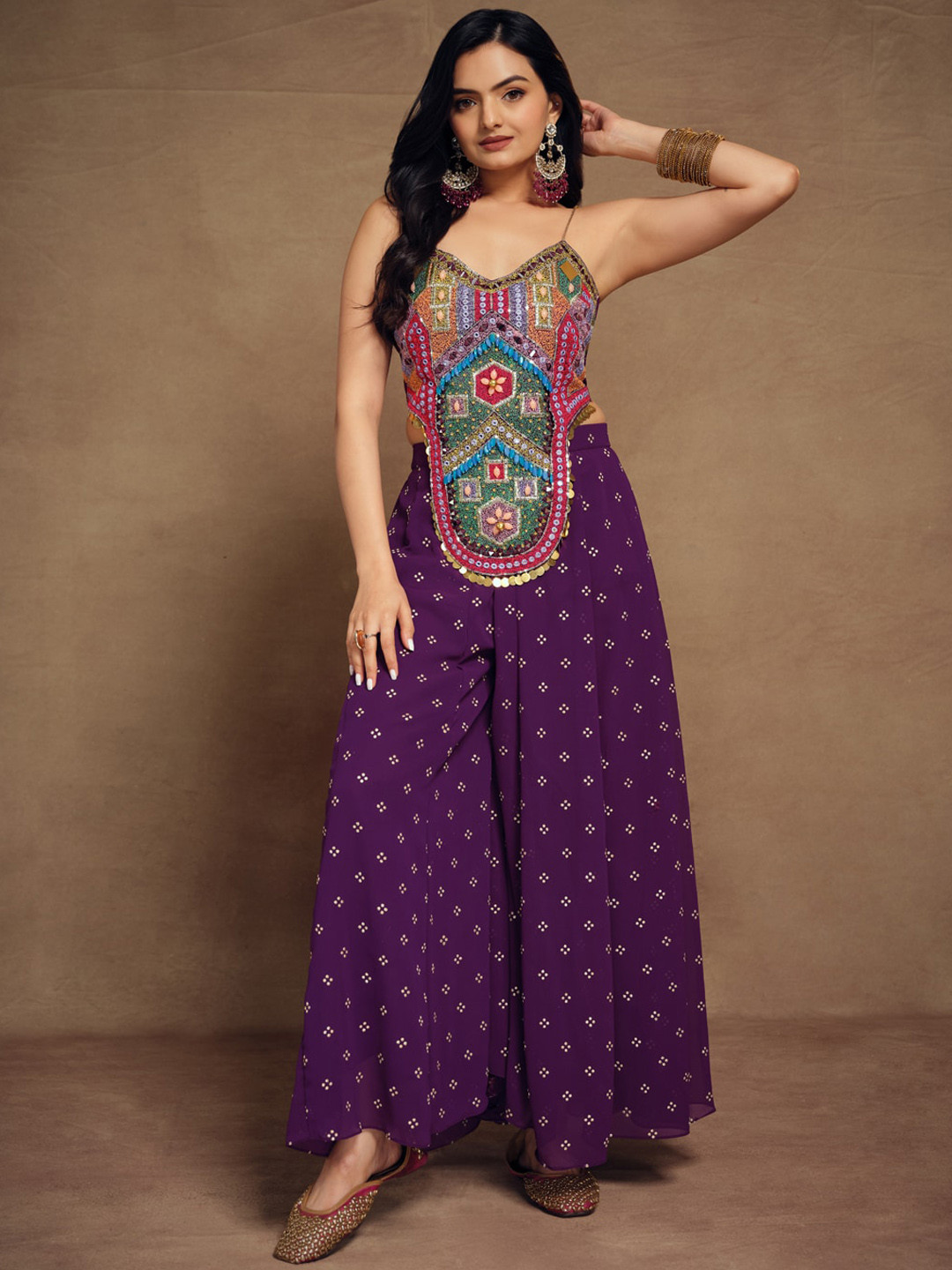 Buy Fusionic Embroidered Shoulder Strap Top With Palazzo Ethnic Co Ords ...