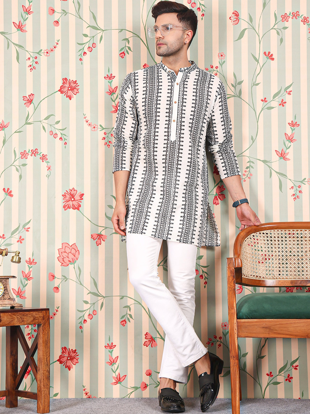 Buy Ode By House Of Pataudi Ethnic Motifs Printed Band Collar Pure ...