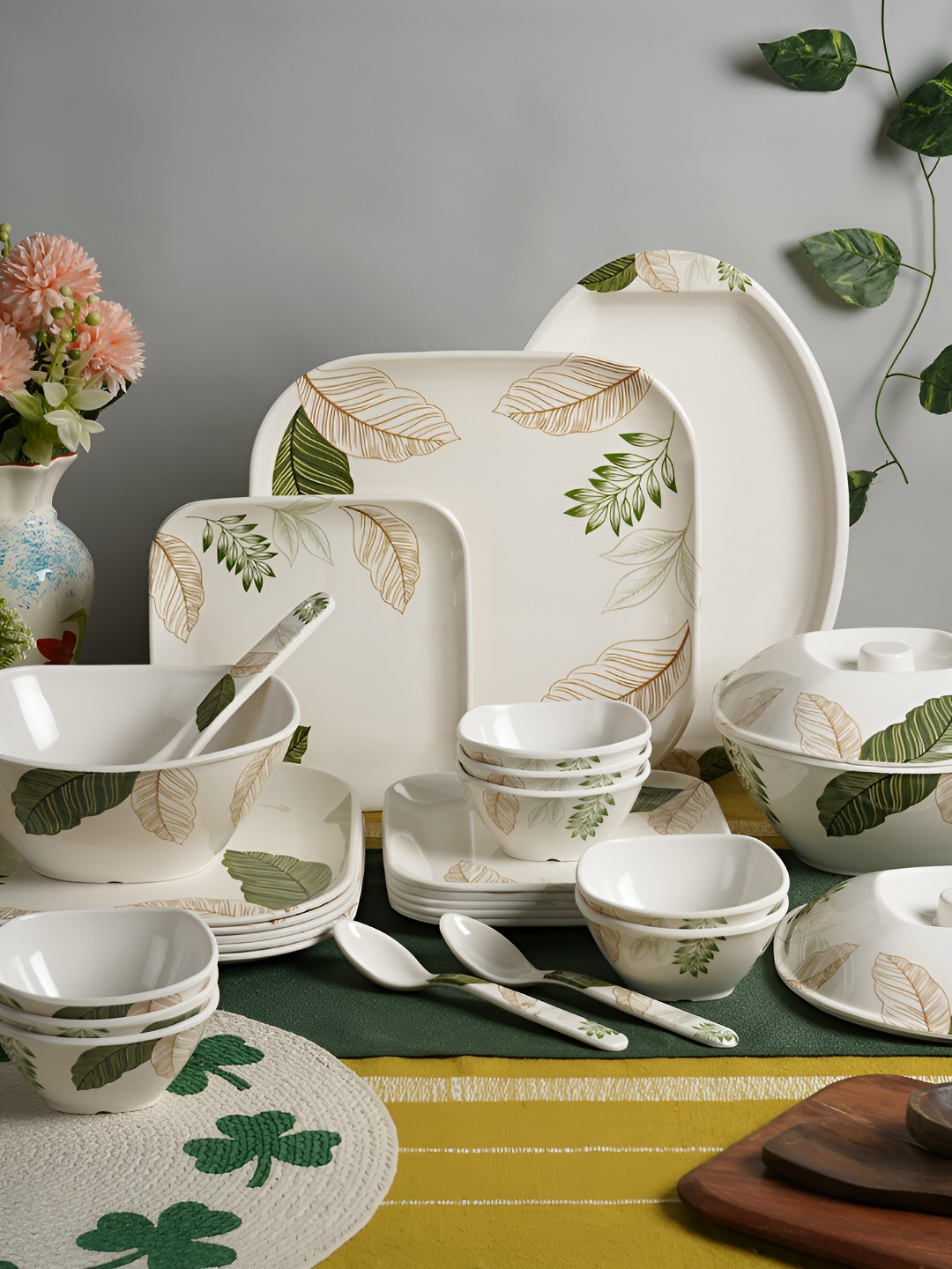 Buy Aura White & Green 41Pcs Printed Melamine Glossy Dinner Set ...