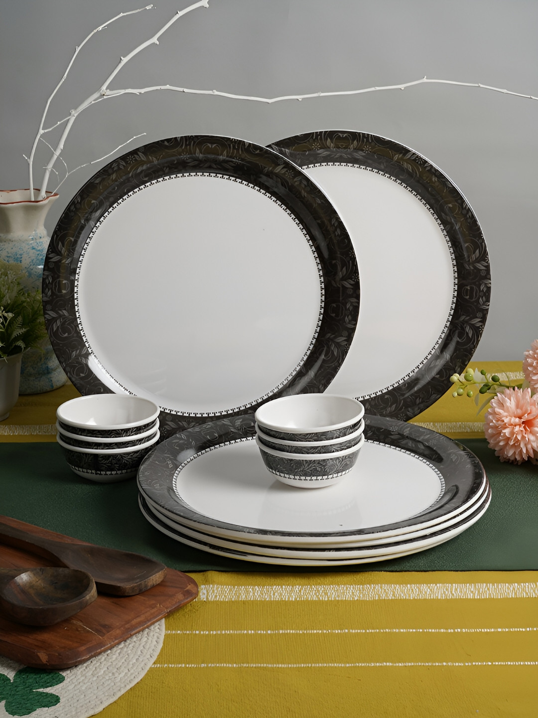 Buy Aura White & Black 12 Pieces Printed Melamine Glossy Dinner Set ...
