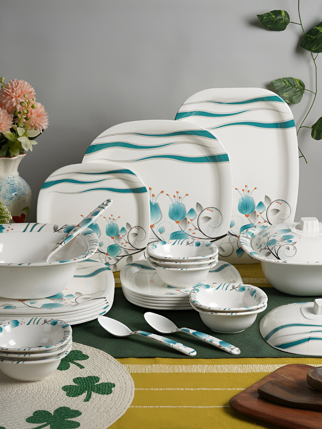 Buy Aura White & Blue 40 Pieces Floral Printed Melamine Glossy Dinner ...