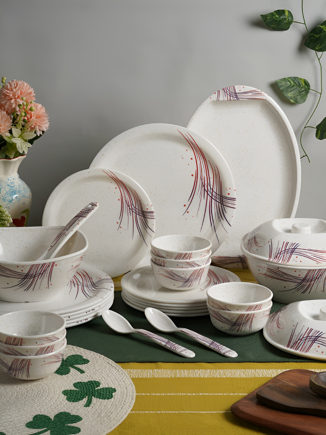 Buy Aura White & Pink 41Pcs Printed Melamine Glossy Dinner Set - Dinner ...