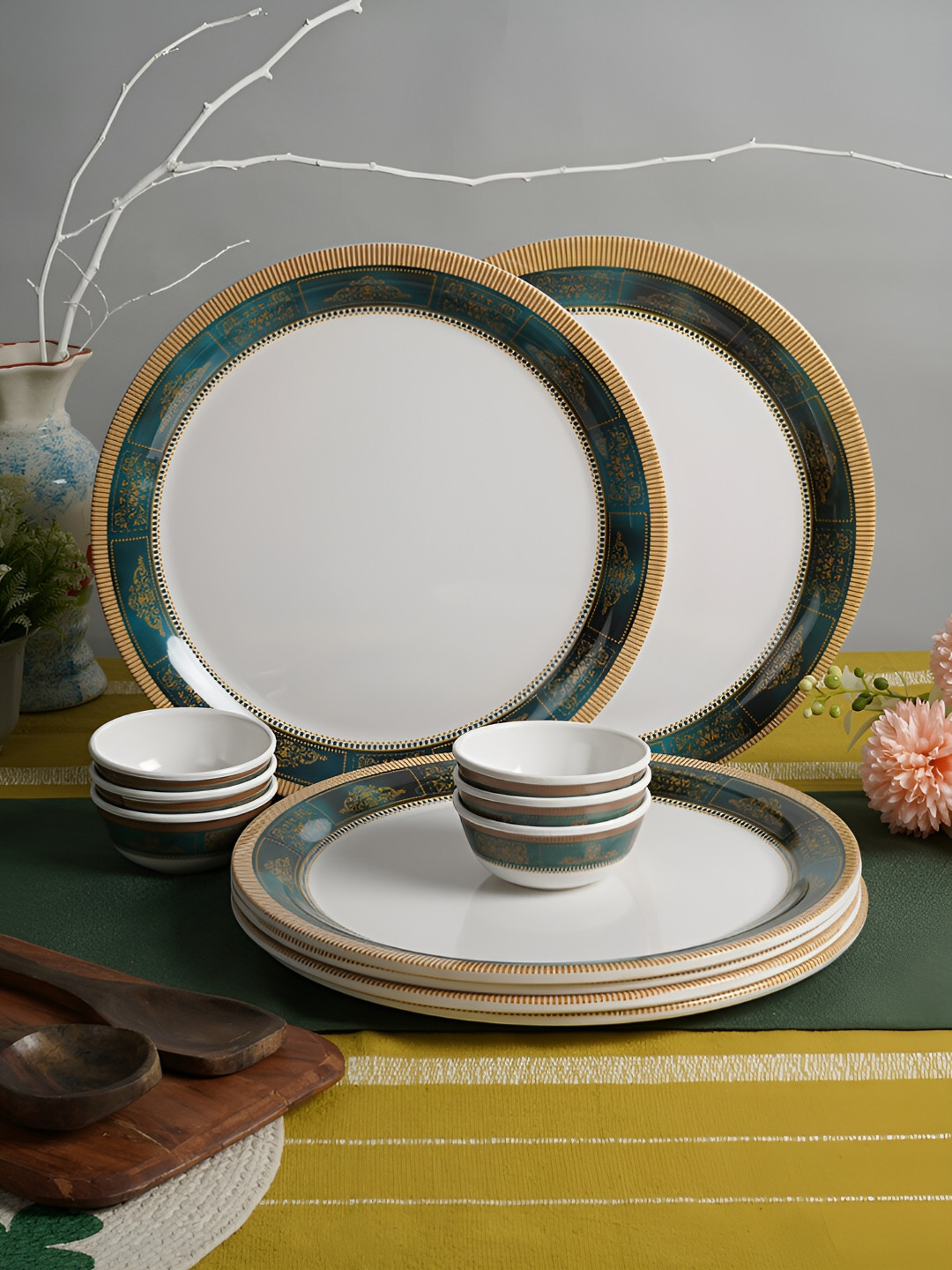 Buy Aura White & Black 12 Pcs Printed Melamine Glossy Dinner Set ...