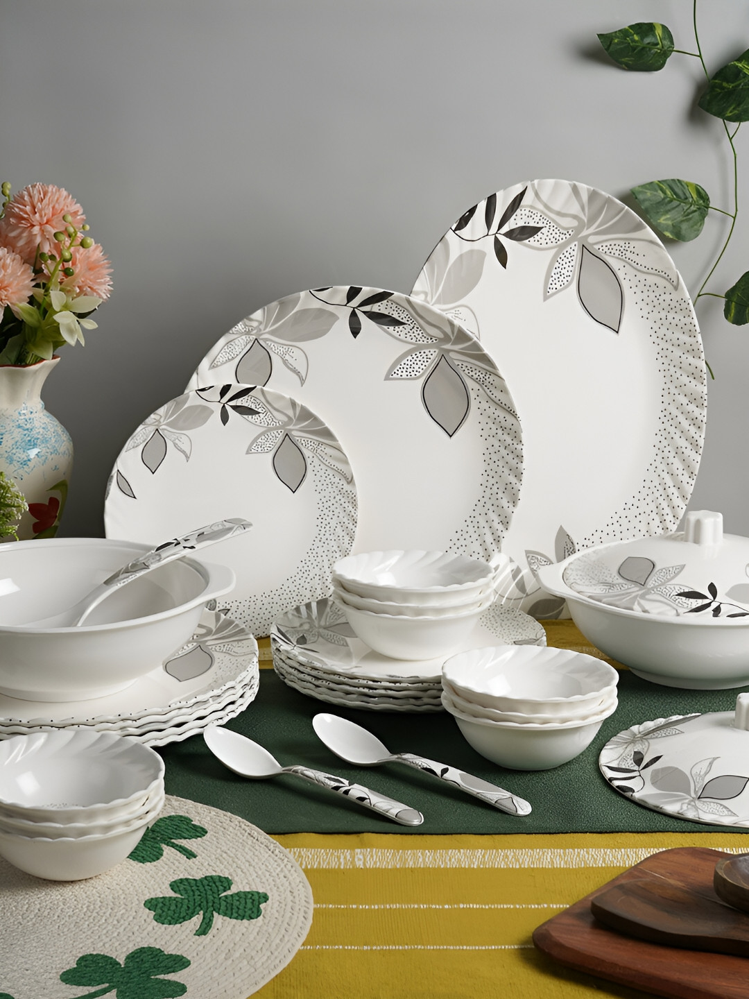 Buy Aura White & Black 41Pcs Floral Printed Melamine Glossy Dinner Set ...