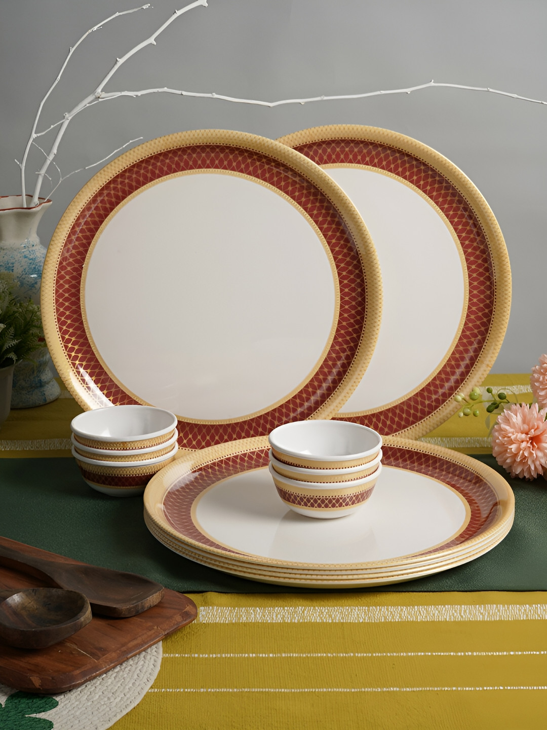 Buy Aura White & Red 12Pcs Printed Melamine Glossy Dinner Set - Dinner ...