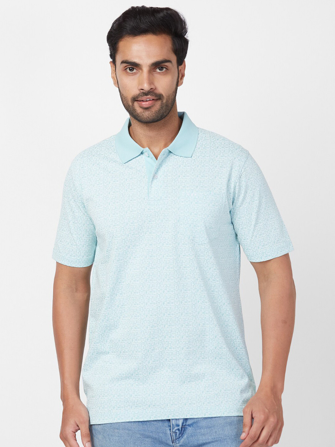 Buy ColorPlus Geometric Printed Cotton Polo Collar Cotton T Shirt ...