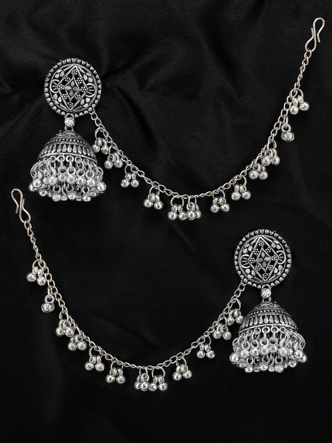 Buy PRIVIU Silver Plated Dome Shaped Jhumkas With Hair Chain - Earrings ...