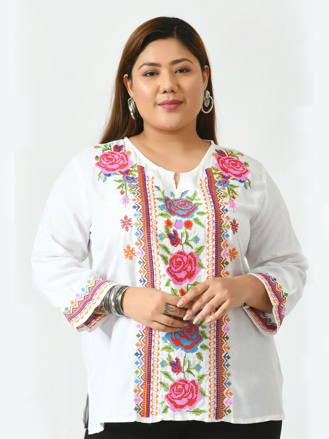 Buy SAAKAA Plus Size Floral Printed Key Hole Neck Cotton Top - Tops for ...