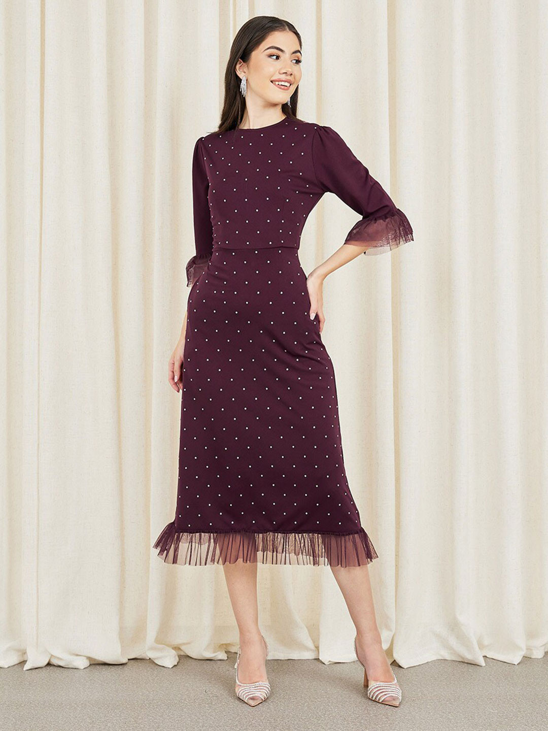 Buy Styli Embellished Mesh Trim Shift Midi Dress With Pocket Detail ...