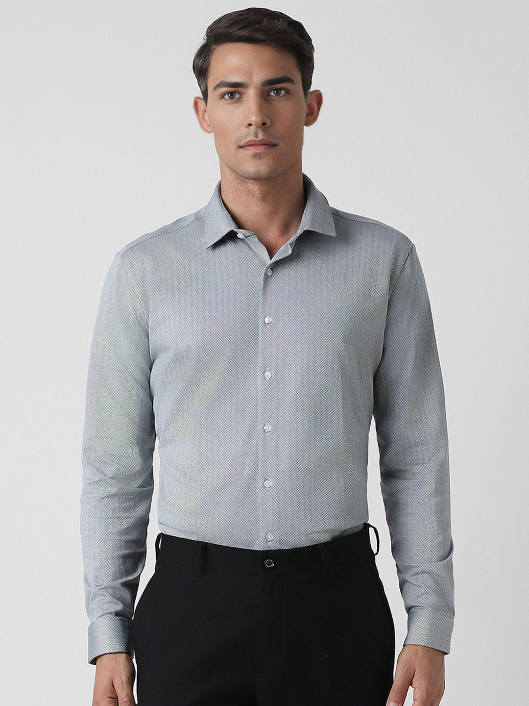 Buy Van Heusen Slim Fit Self Design Spread Collar Cotton Formal Shirt ...