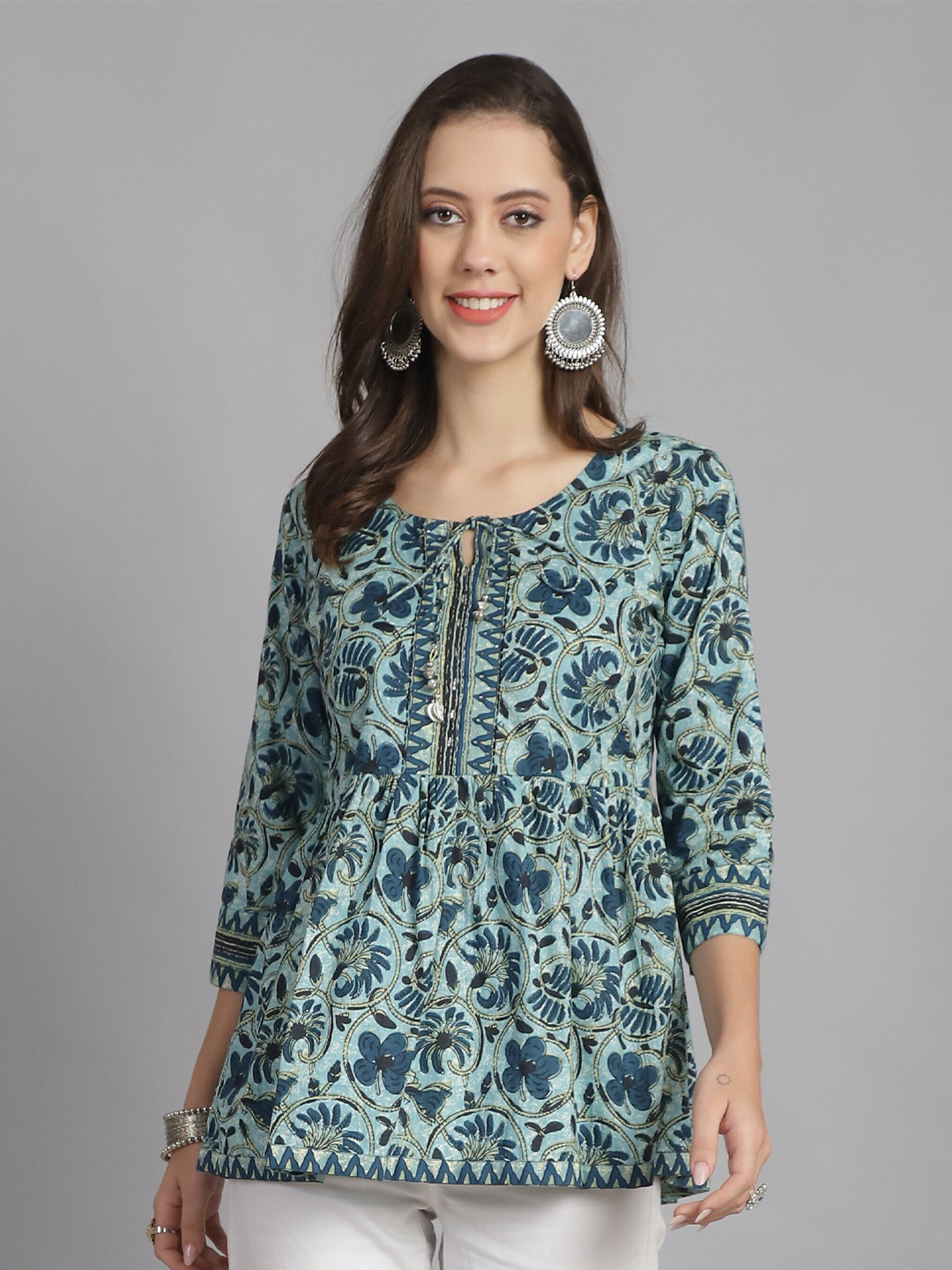 Buy KALINI Floral Print Tie Up Neck Pure Cotton A Line Top - Tops for ...