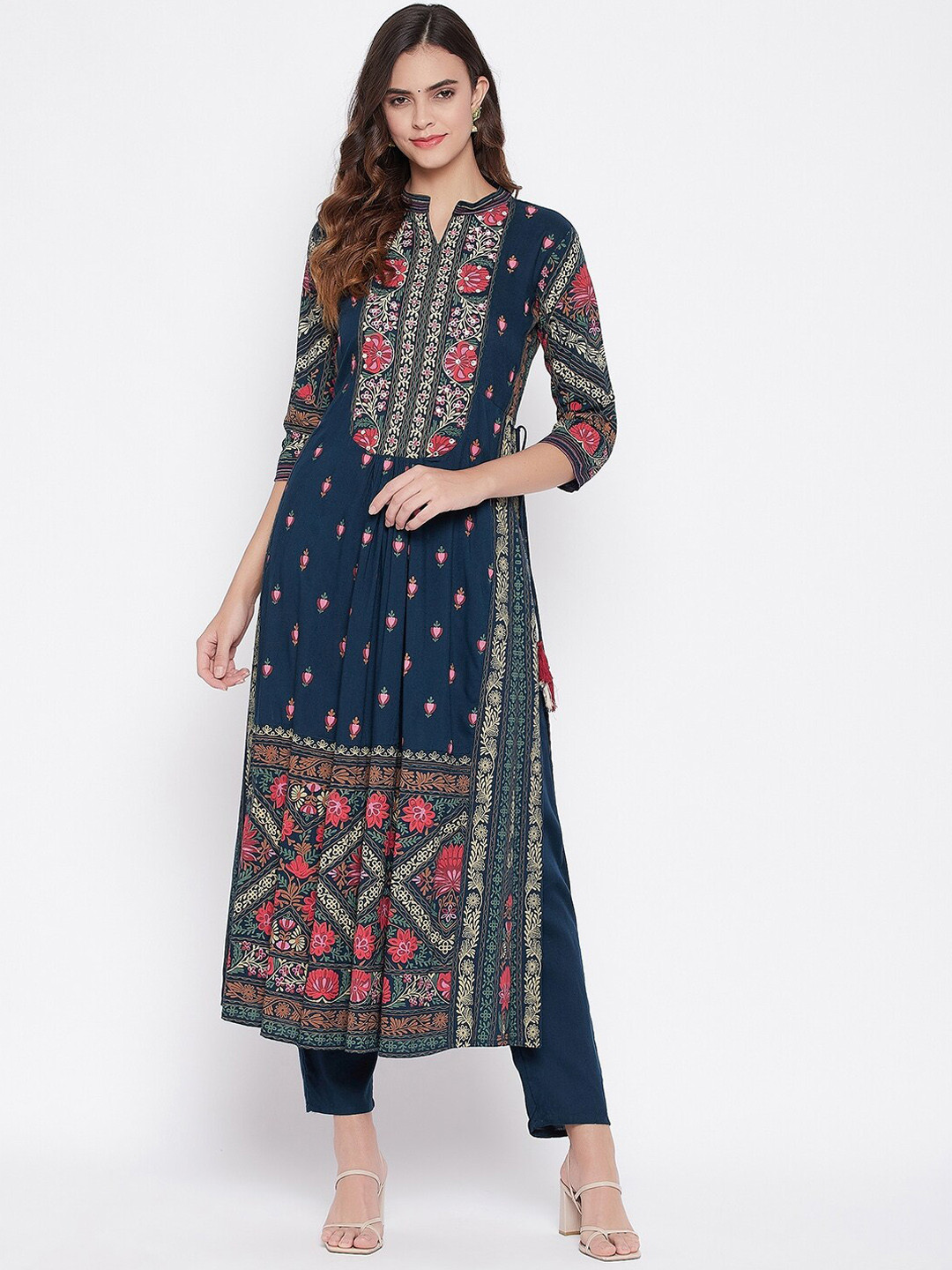 Buy Prakhya Ethnic Motifs Printed Mandarin Collar Tie Up Straight Kurta ...
