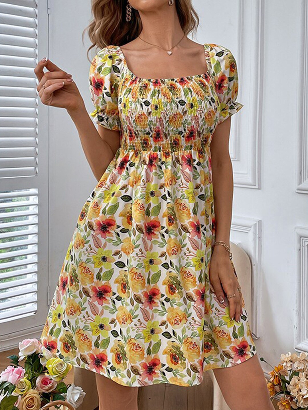 Buy StyleCast X Revolte Yellow Floral Print Puff Sleeve Smocked Fit ...