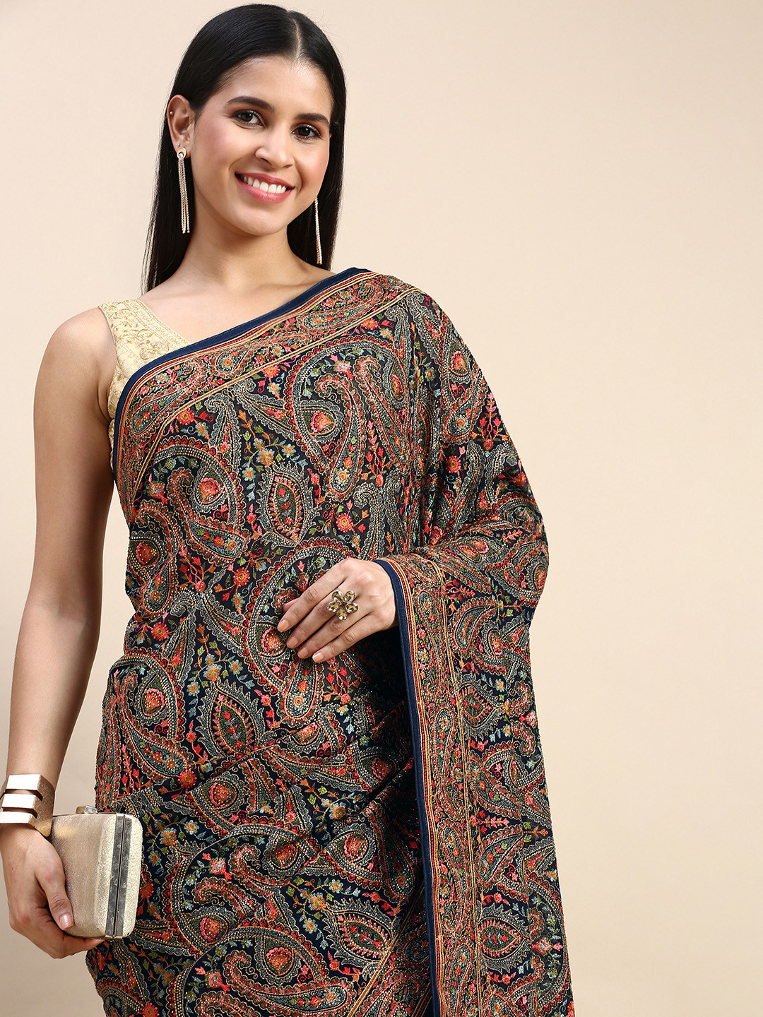 Buy MOHEY Paisley Embroidered Stones Studded Pure Georgette Saree ...