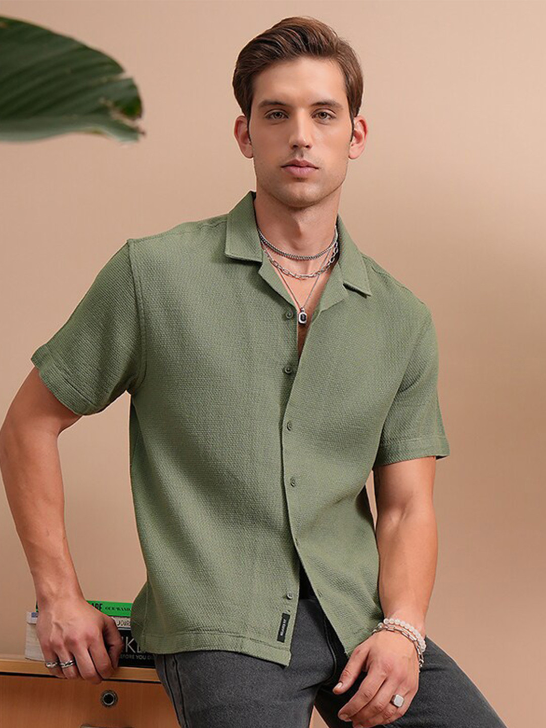 Buy LOCOMOTIVE Dobby Textured Cuban Collar Cotton Relaxed Shirt ...