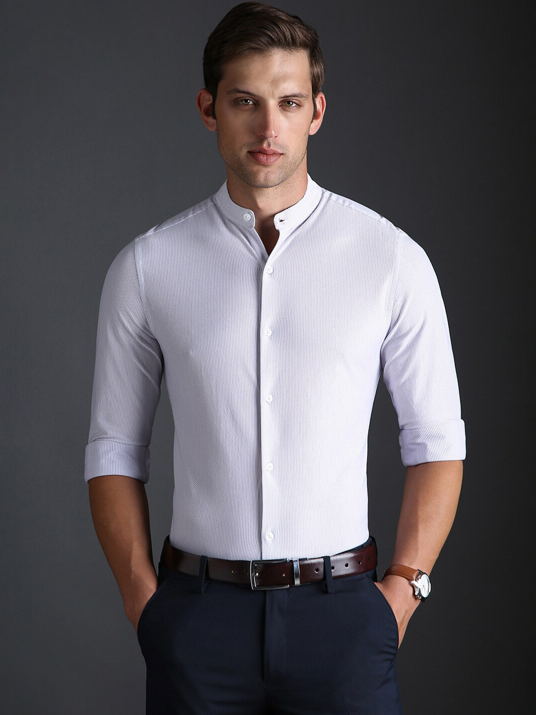 Buy Bergamo Slim Fit Mandarin Collar Long Sleeves Cotton Formal Shirt ...