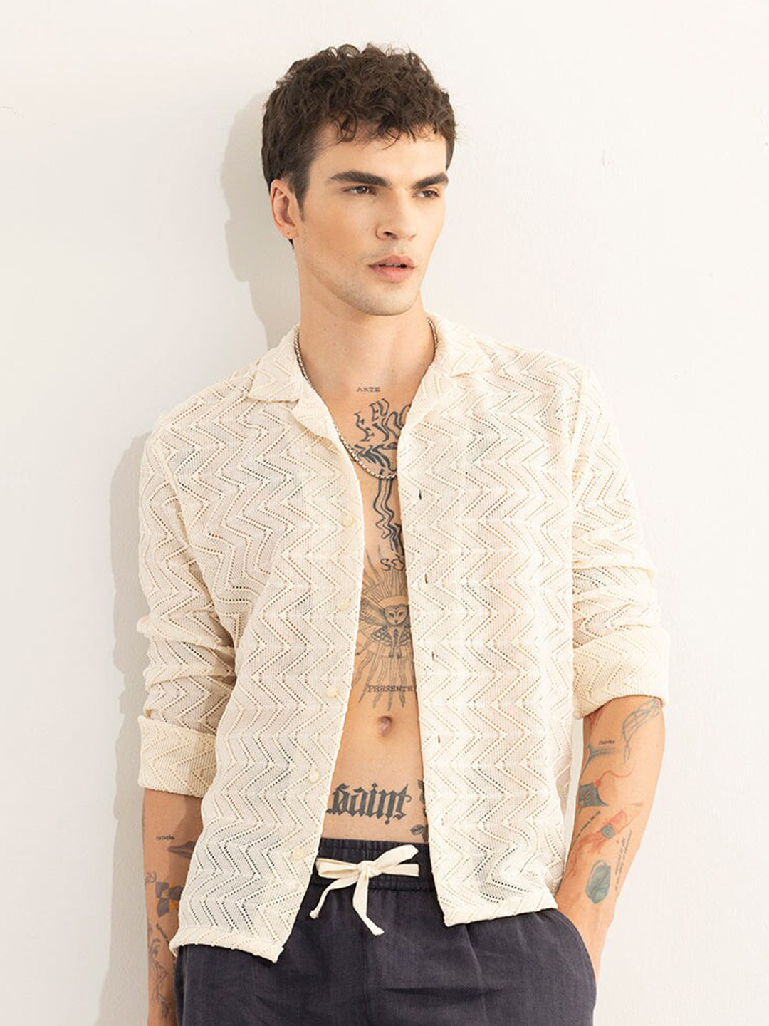 Buy Snitch Cream Coloured Classic Self Design Cuban Collar Casual Shirt ...