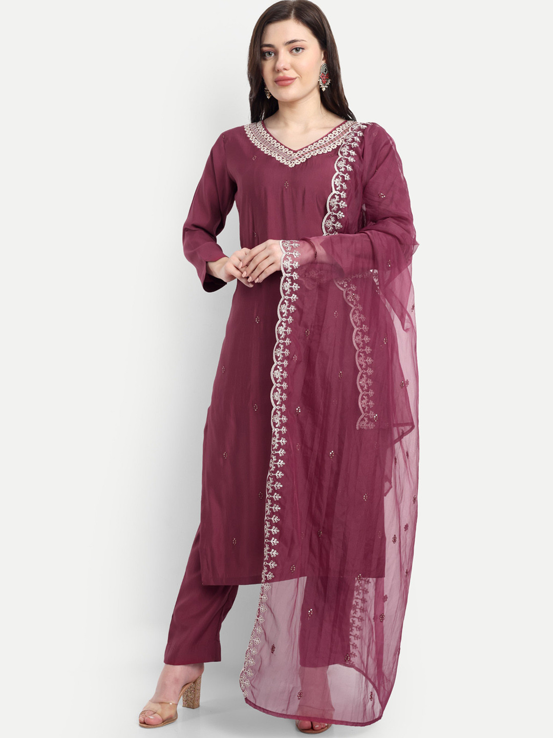 Buy V B SONS Floral Embroidered Sequinned Straight Kurta & Trousers ...