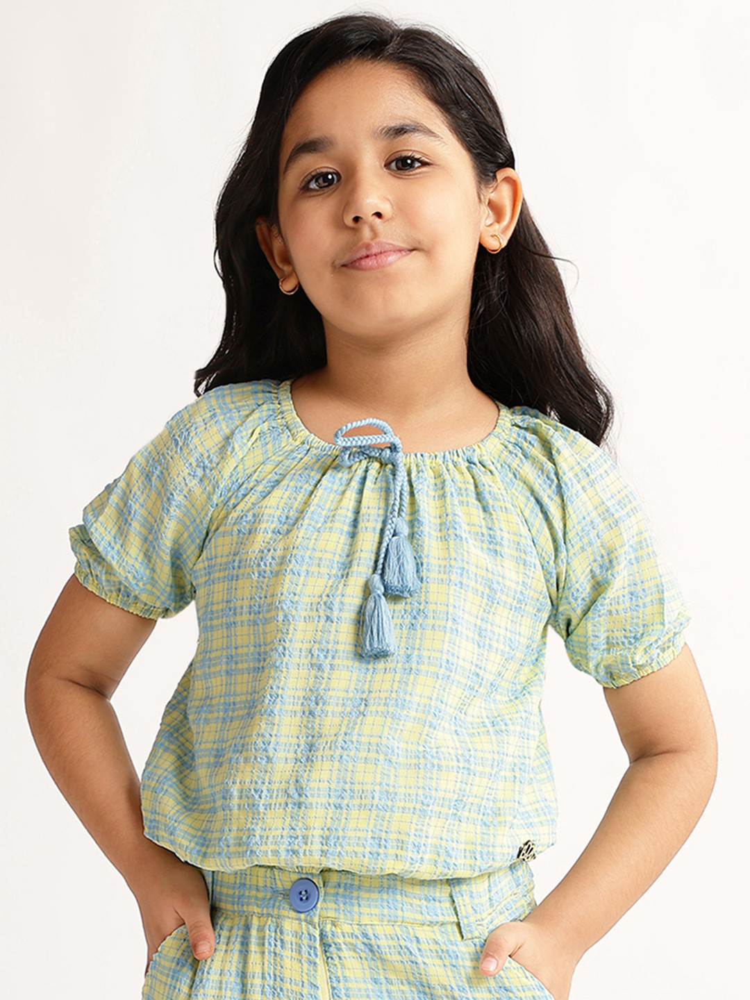 Buy ELLE Girls Checked Puff Sleeves Blouson Top - Tops for Girls ...