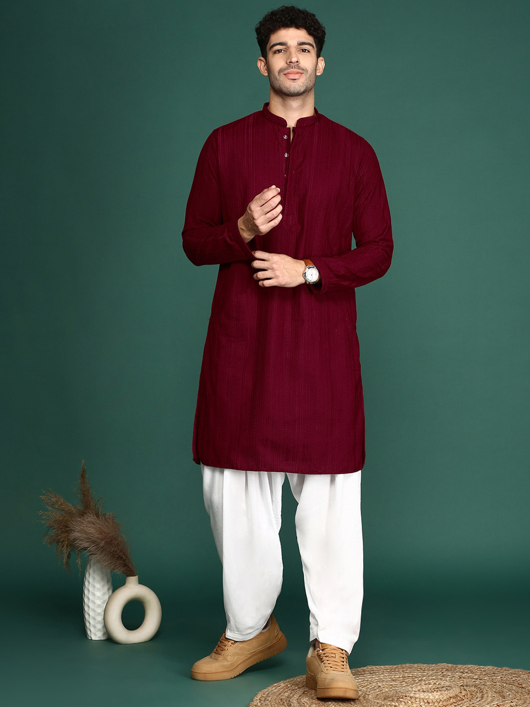 Buy Anouk Maroon Ethnic Motifs Embroidered Chikankari Cotton Straight ...