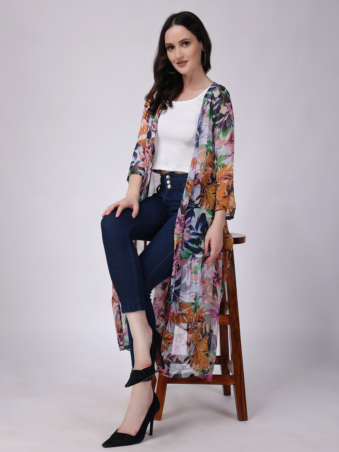 Buy SCORPIUS Printed Georgette Open Front Longline Shrug - Shrug for ...