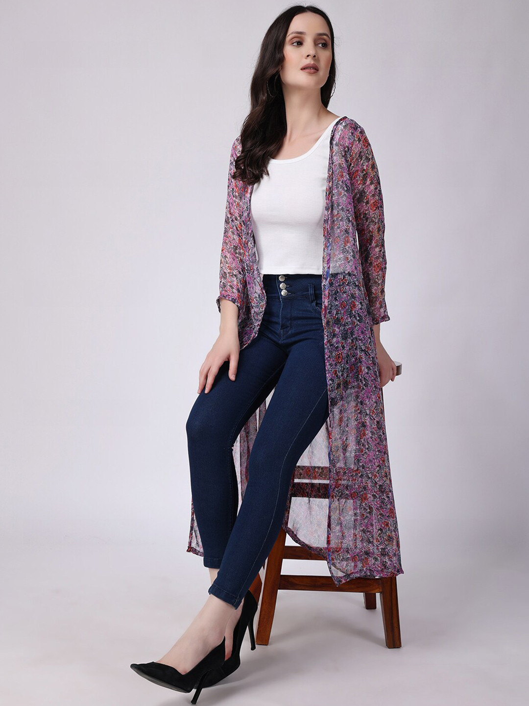 Buy SCORPIUS Floral Printed Sheer Longline Open Front Shrug - Shrug for ...