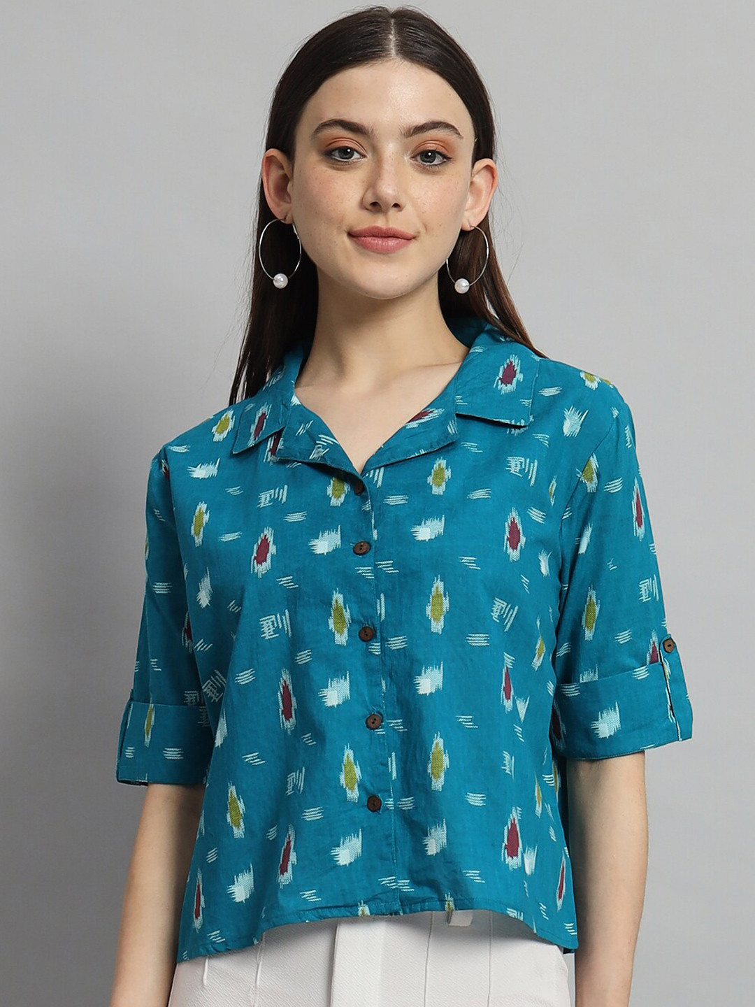 Buy HANDICRAFT PALACE Printed Roll Up Sleeves Cotton Shirt Style Crop ...