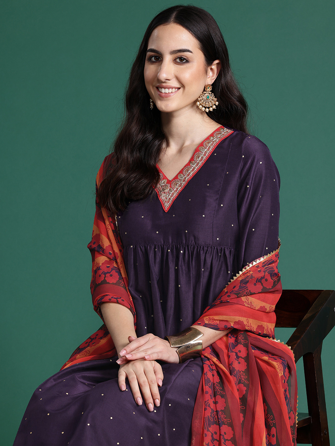 Buy Sangria Ethnic Printed Pleated Gotta Patti Detail Kurta Set With ...