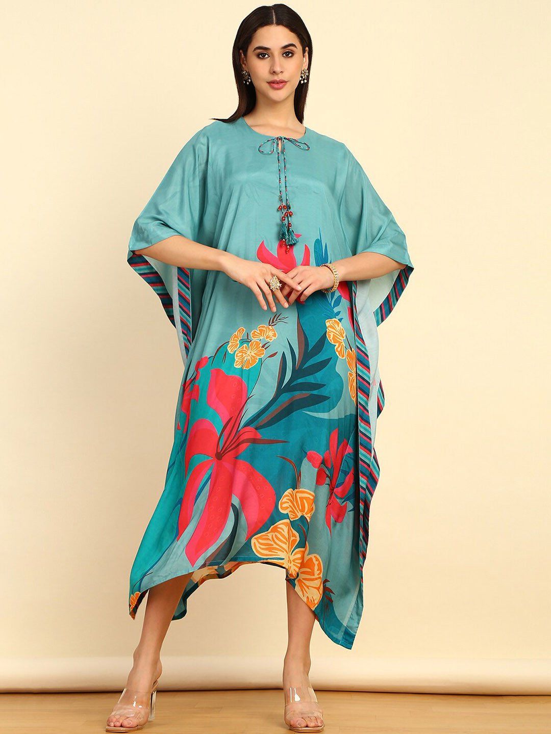Buy Soch Turquoise Blue Floral Printed Tie Up Neck Flared Sleeves ...