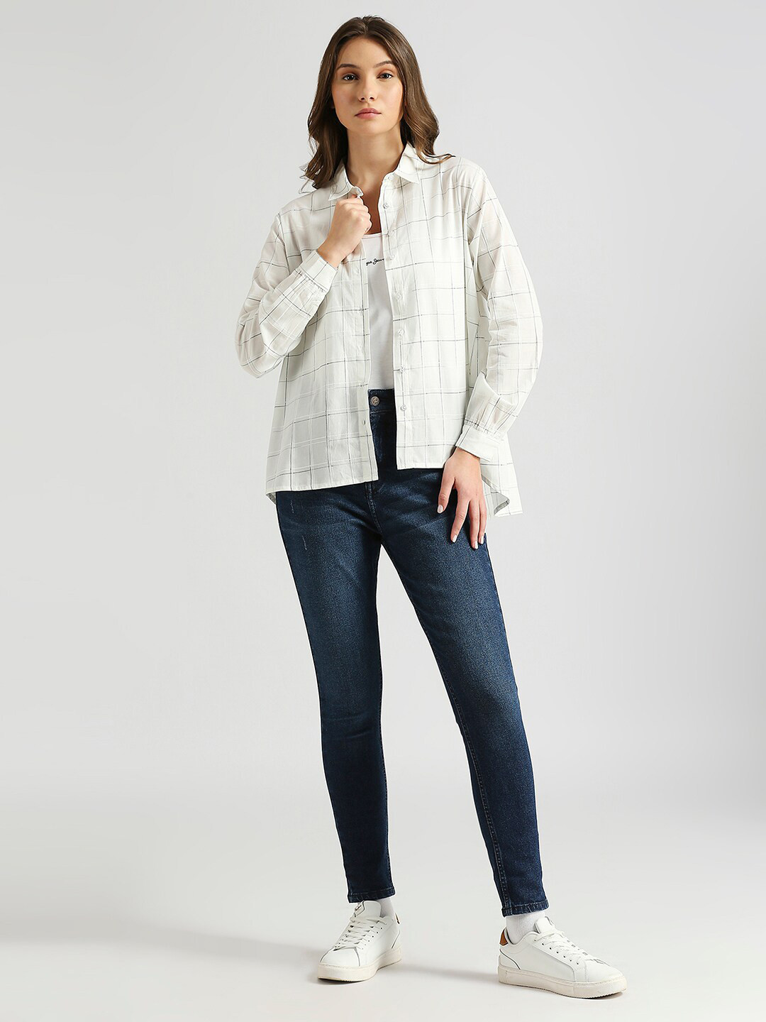 Buy Pepe Jeans Comfort Fit Windowpane Checked High Low Hem Detail ...