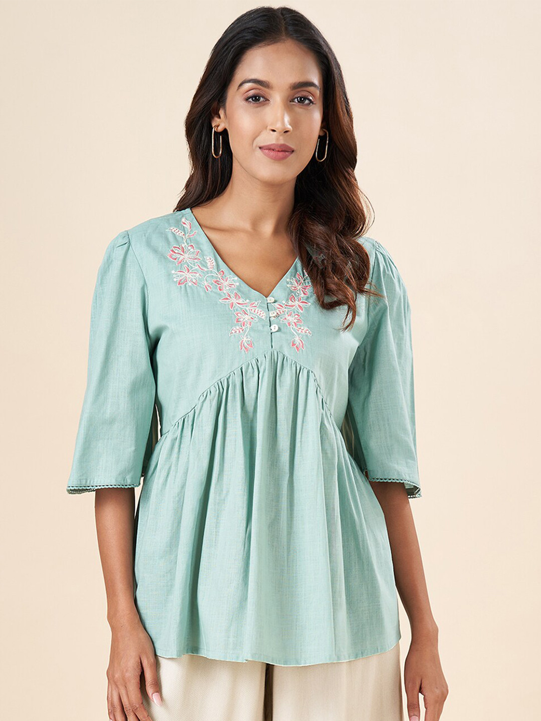 Buy AKKRITI BY PANTALOONS Floral Embroidered Pure Cotton Ethnic Tunic ...