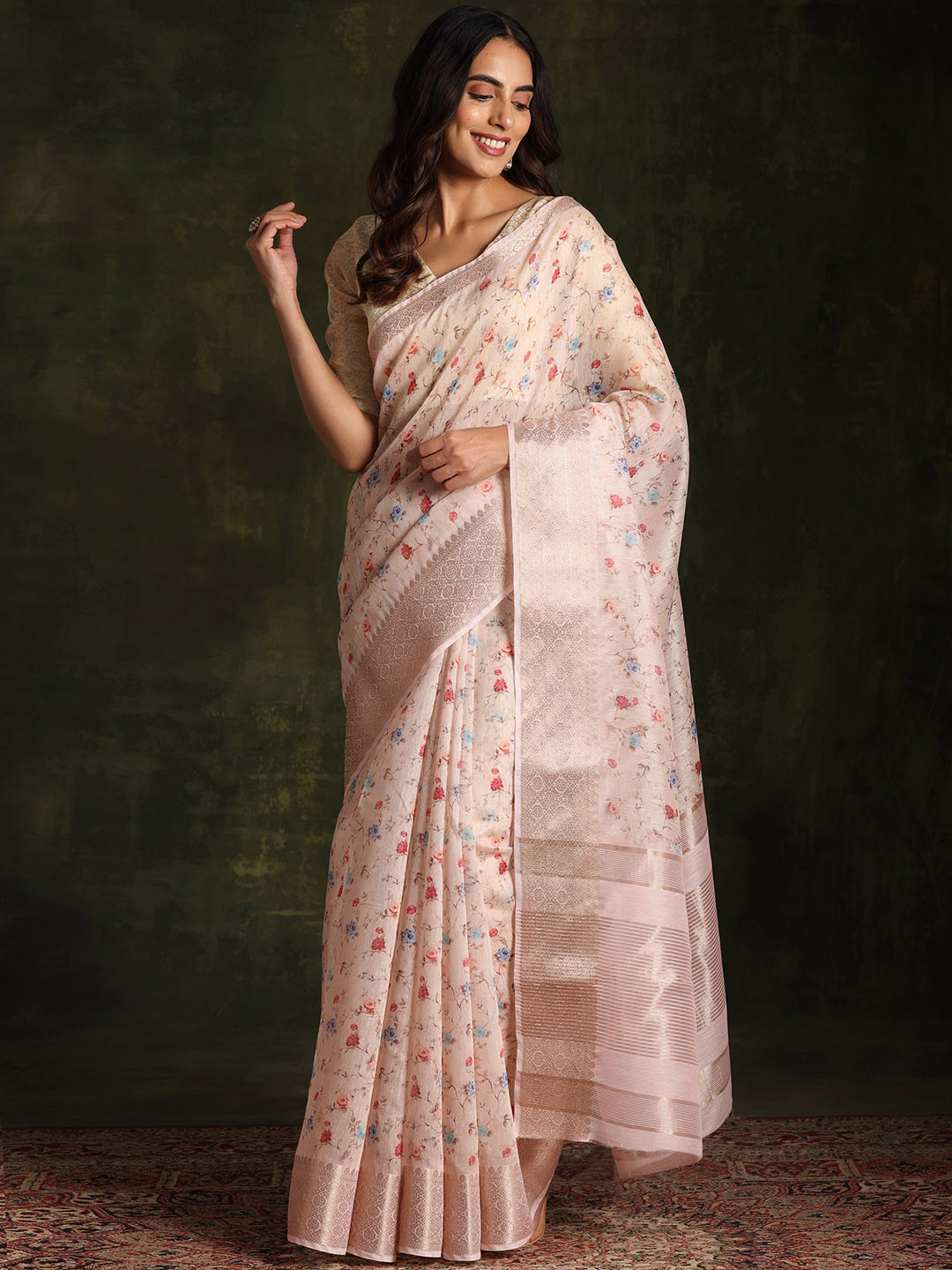 Buy Libas Beige Ethnic Motifs Zari Chanderi Saree - Sarees for Women ...