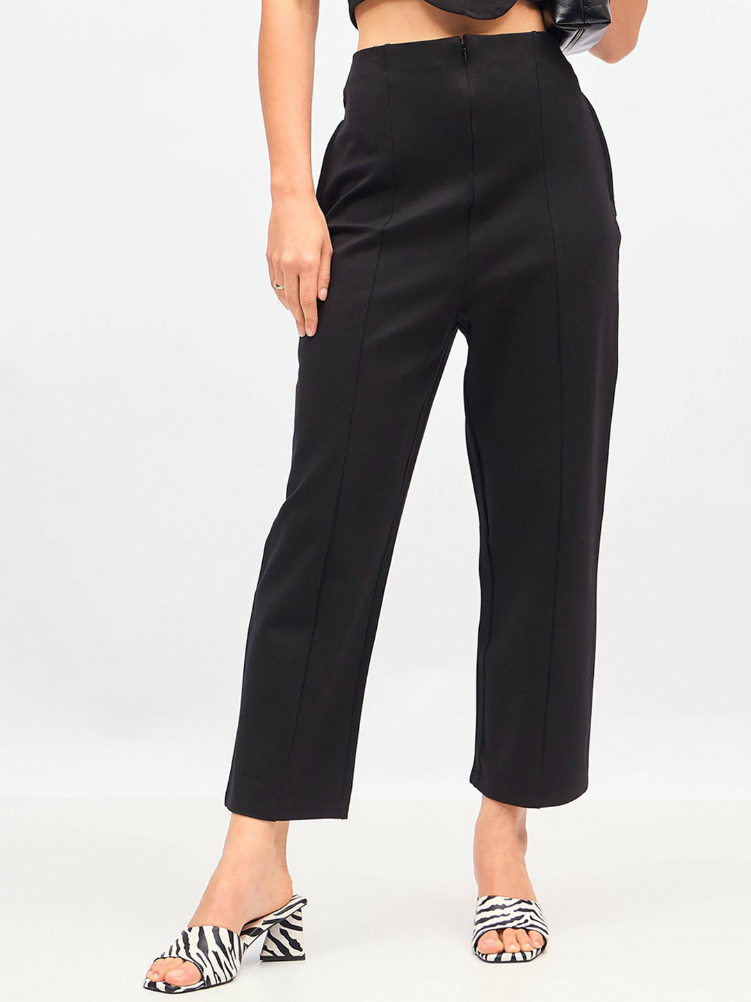 Buy SASSAFRAS Women Black Straight Fit High Rise Trousers - Trousers ...