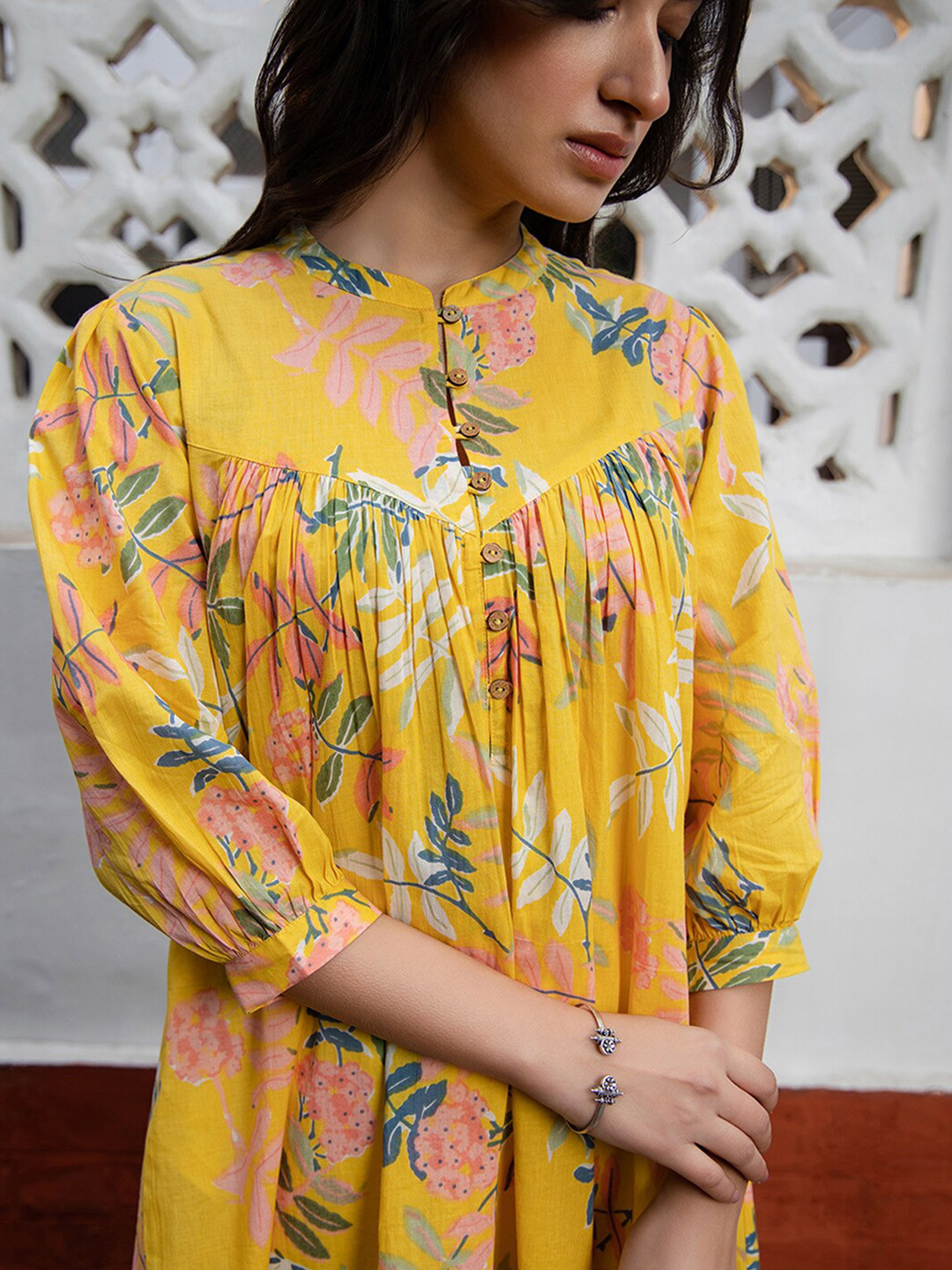 Buy Janasya Women's Yellow Pure Cotton Tropical Gathered Tunic - Tunics ...