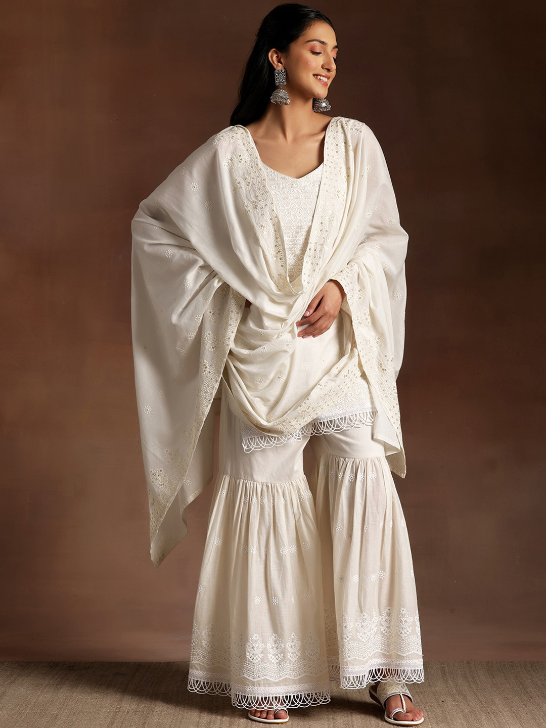 Buy Libas Ethnic Motifs Embroidered Thread Work Pure Cotton Kurta With Sharara & Dupatta - Kurta ...