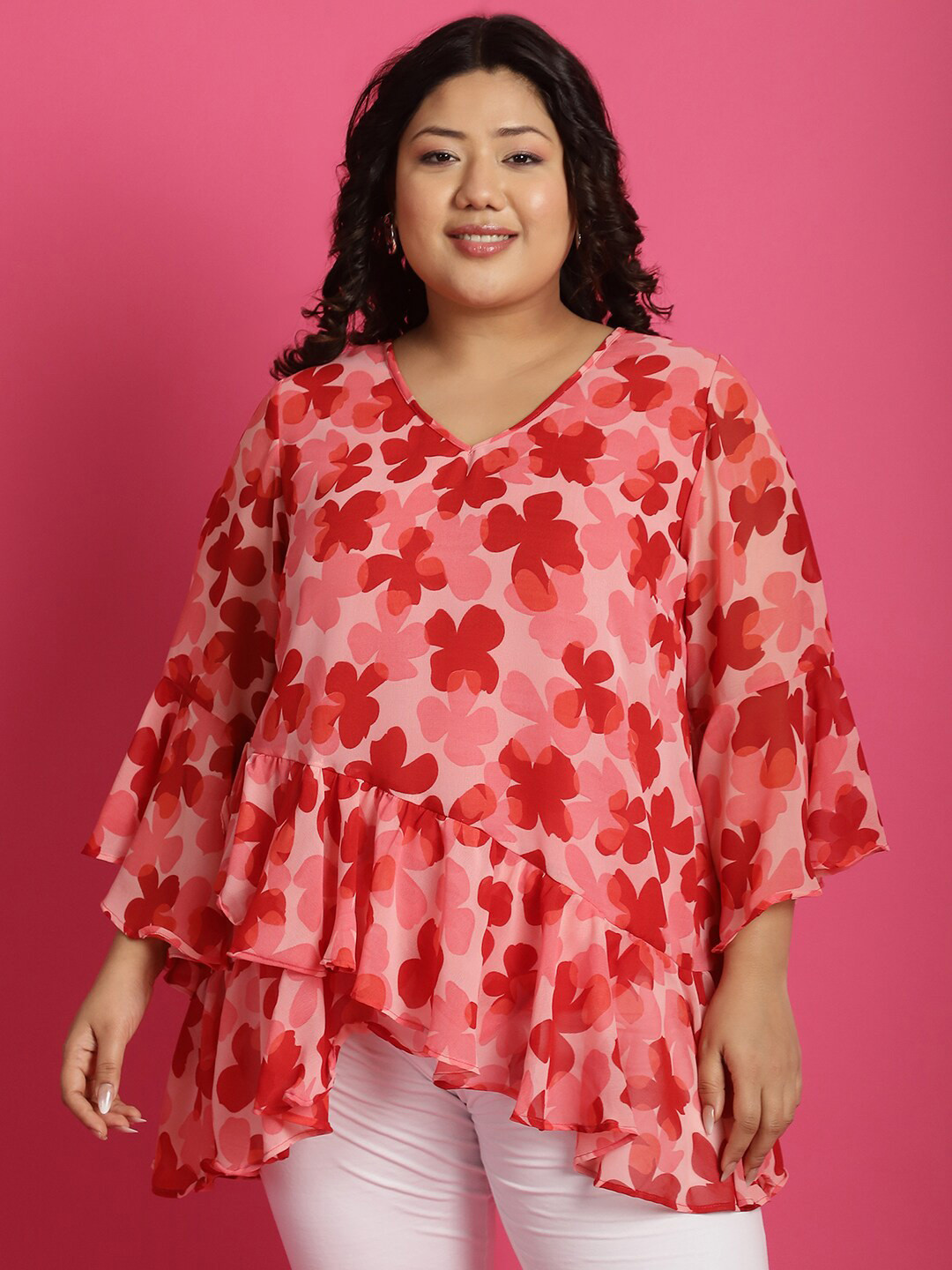 Buy TheRebelinme Floral Print Bell Sleeve Layered Georgette Plus Size ...